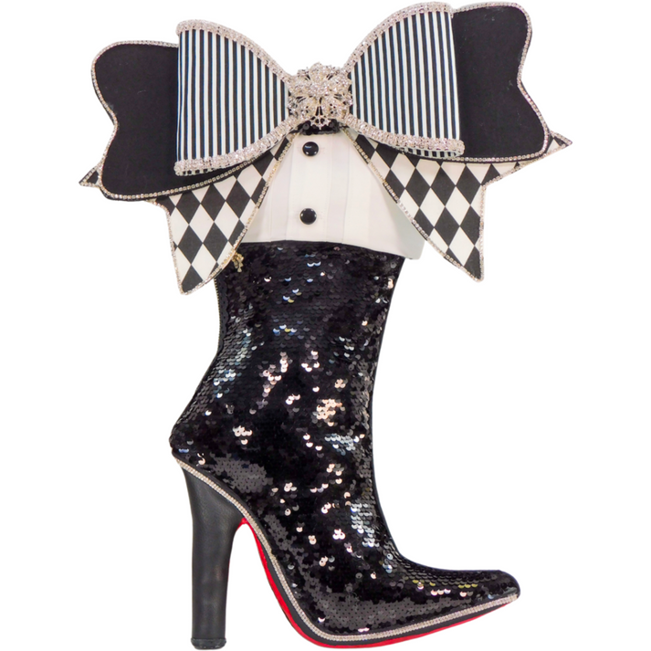 Tuxedo-Inspired Stiletto Boot Wreath Attachment | Black Sequin Heel wi ...