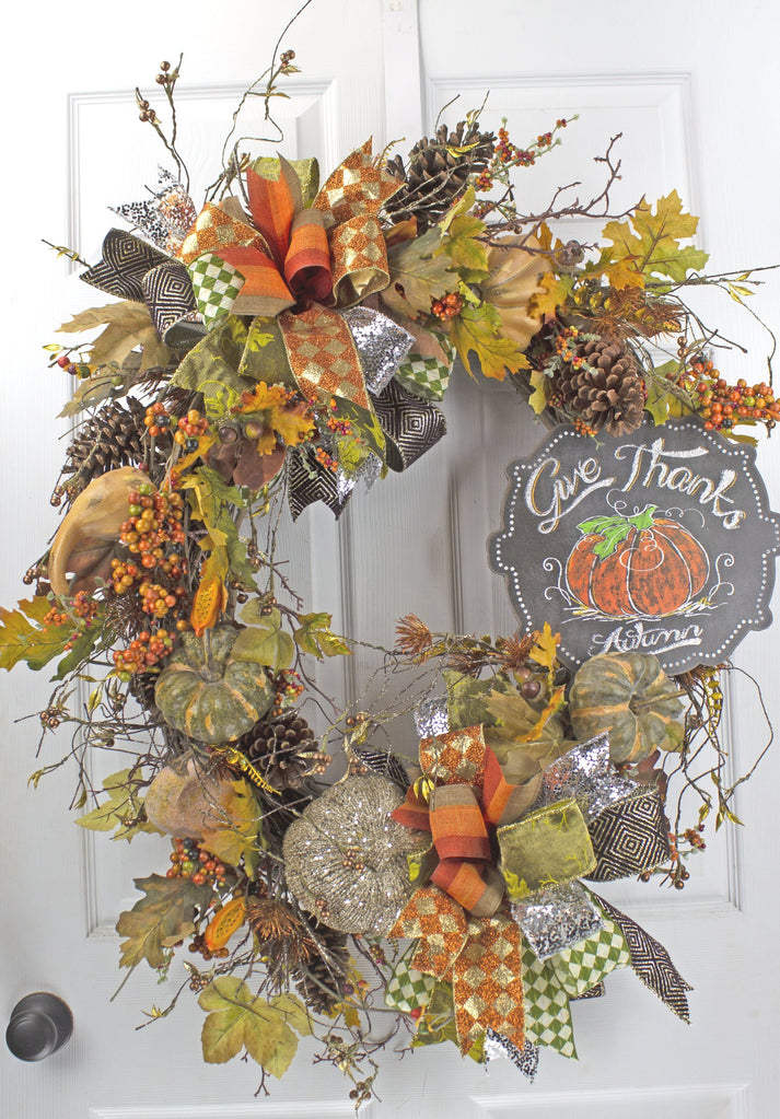 Give Thanks Autumn Wreath with Pumpkins, Pinecones, and Fall Bows - Th ...